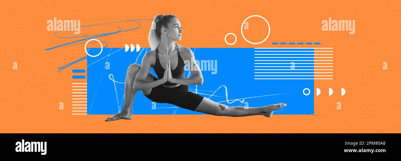 Contemporary art collage with young sporty girl doing stretching ...