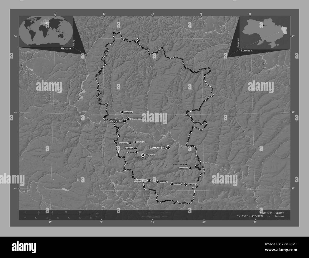 Luhans'k, region of Ukraine. Bilevel elevation map with lakes and ...