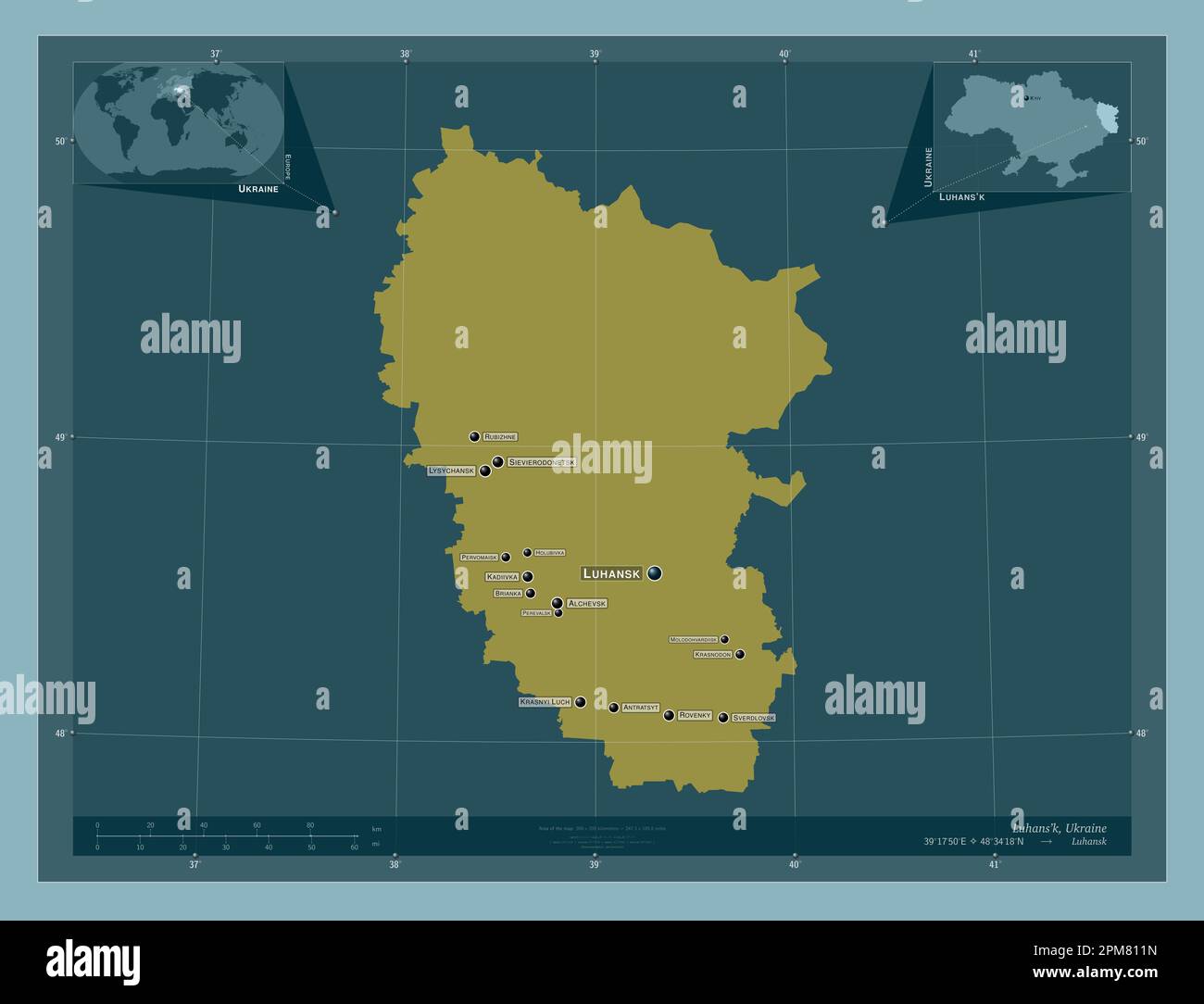 Luhans'k, region of Ukraine. Solid color shape. Locations and names of ...