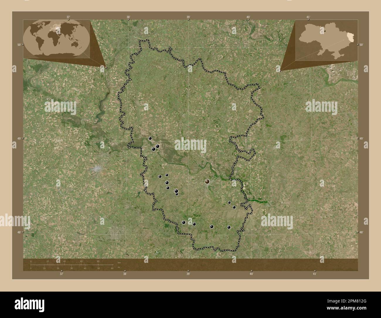 Luhans'k, region of Ukraine. Low resolution satellite map. Locations of ...