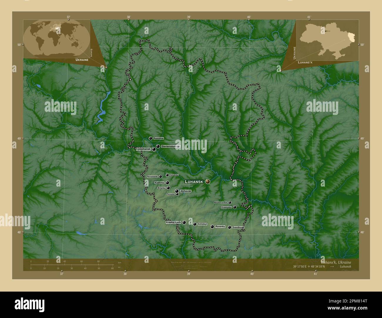 Luhans'k, region of Ukraine. Colored elevation map with lakes and ...