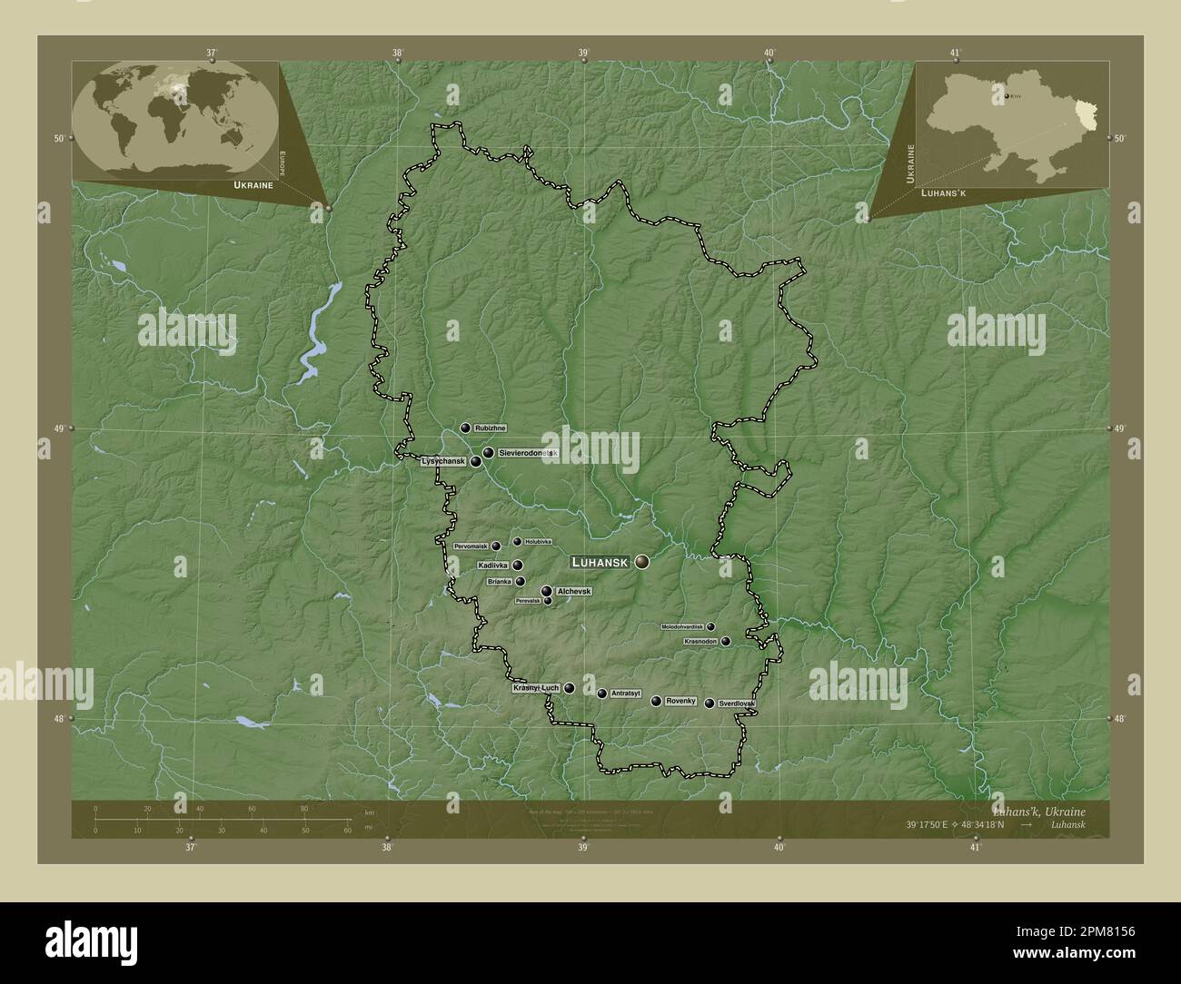 Luhans'k, region of Ukraine. Elevation map colored in wiki style with ...