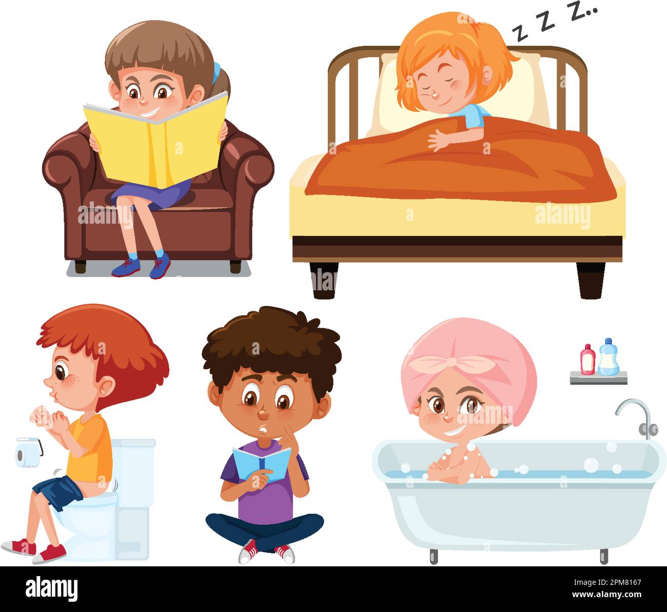 Set of children cartoon character daily routine illustration Stock ...