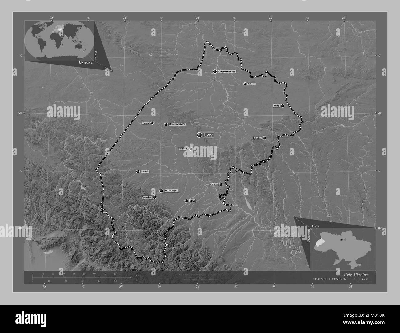L'viv, region of Ukraine. Grayscale elevation map with lakes and rivers ...