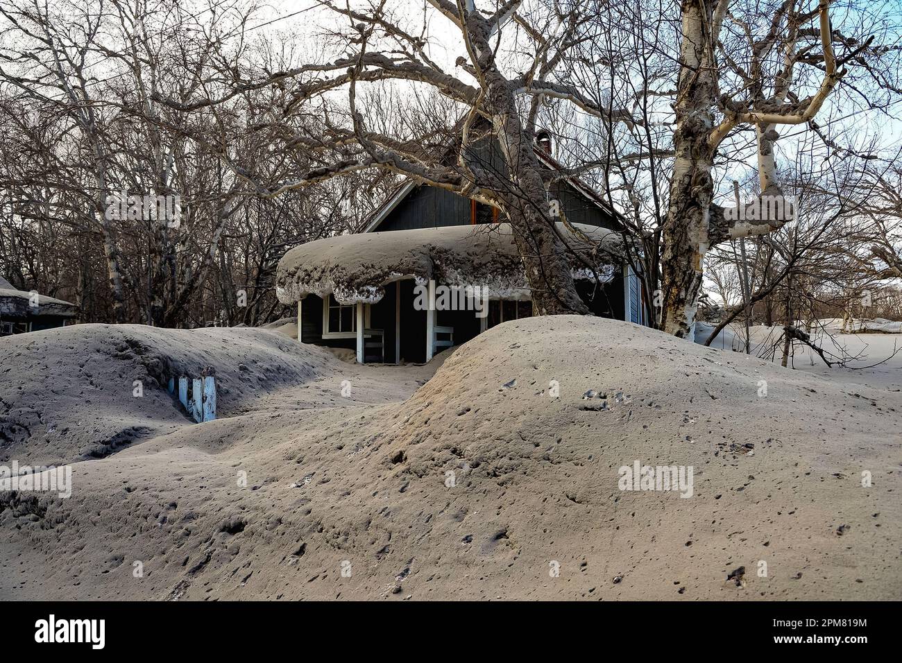 Volcanic ash covers the ground and houses after the Shiveluch volcano ...