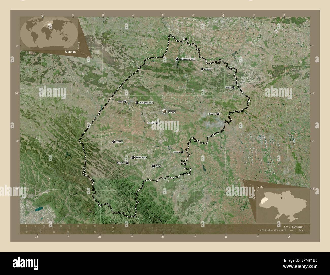 L'viv, region of Ukraine. High resolution satellite map. Locations and ...