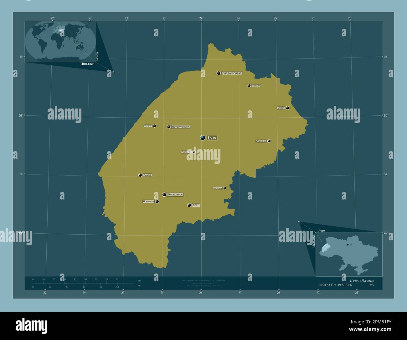 L'viv, region of Ukraine. Solid color shape. Locations and names of ...