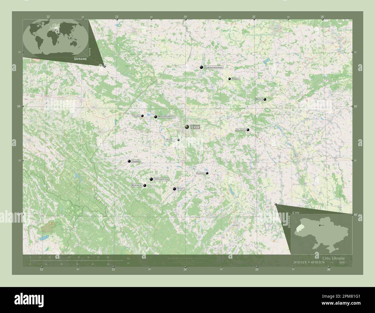 L'viv, region of Ukraine. Open Street Map. Locations and names of major ...