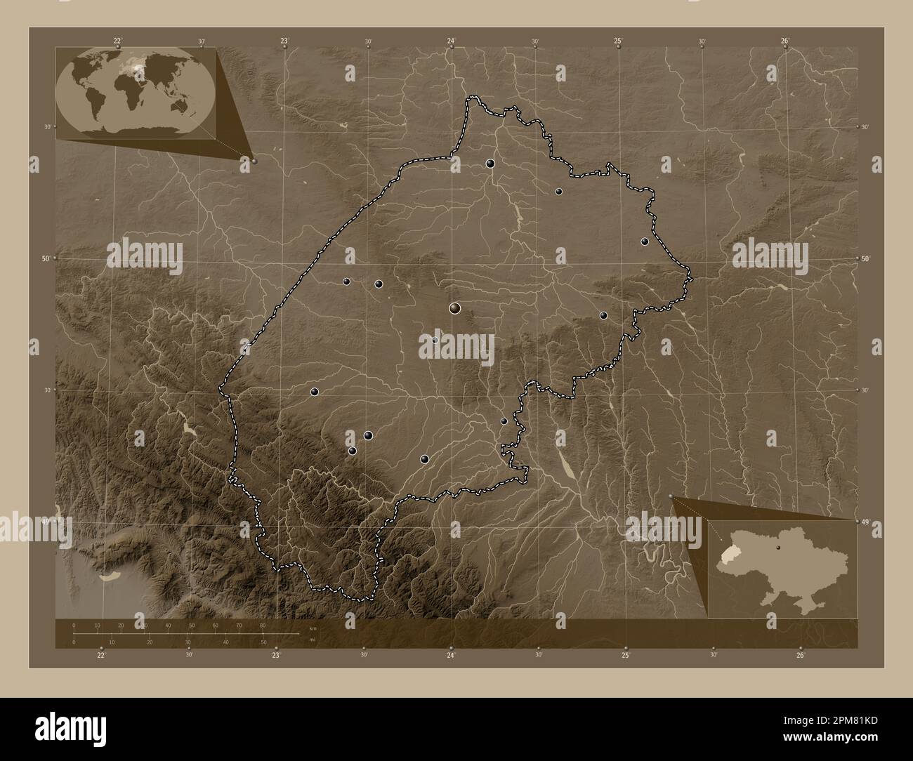 L'viv, region of Ukraine. Elevation map colored in sepia tones with ...