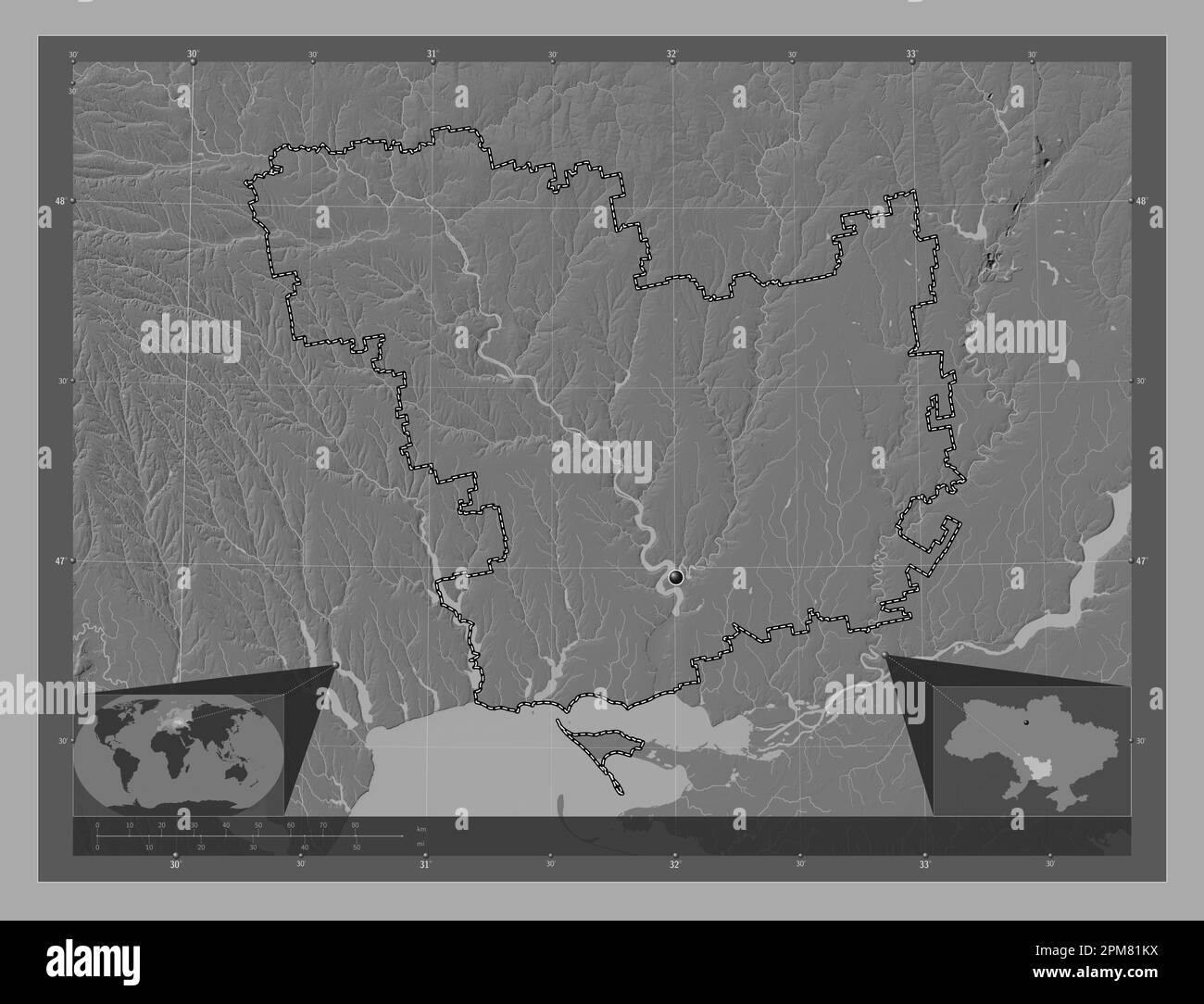 Mykolayiv, region of Ukraine. Bilevel elevation map with lakes and ...