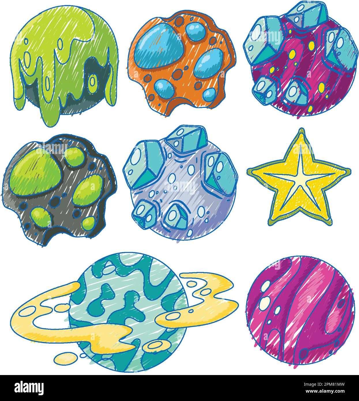 Space Objects in Pencil Colour Sketch Simple Style illustration Stock ...