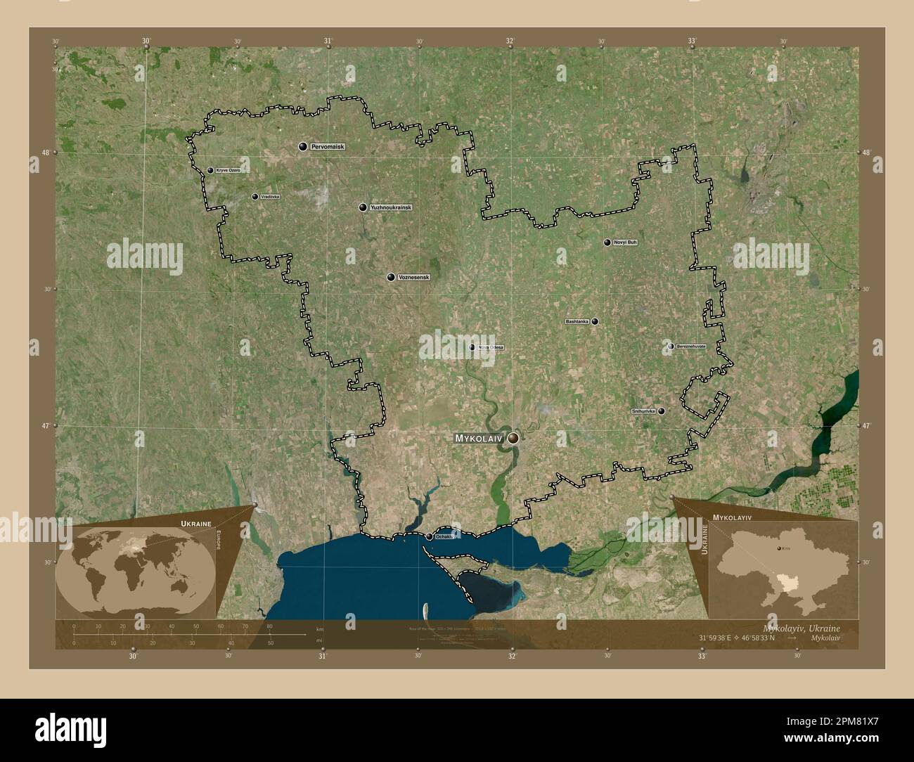 Mykolayiv, region of Ukraine. Low resolution satellite map. Locations ...