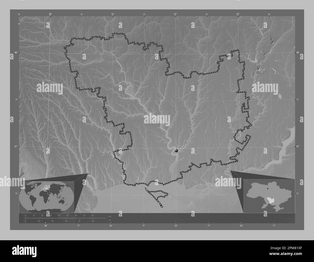Mykolayiv, region of Ukraine. Grayscale elevation map with lakes and ...