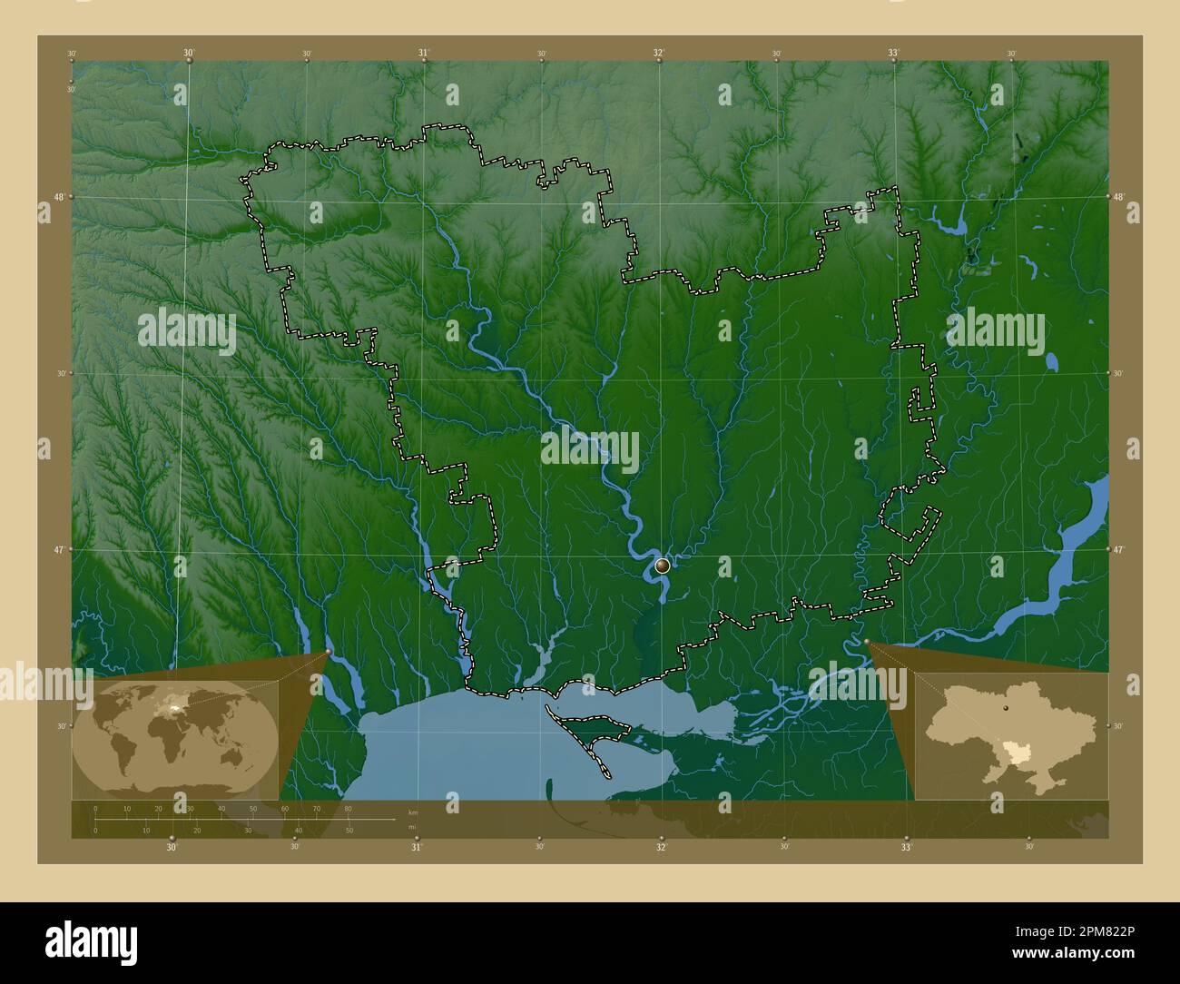 Mykolayiv, region of Ukraine. Colored elevation map with lakes and ...