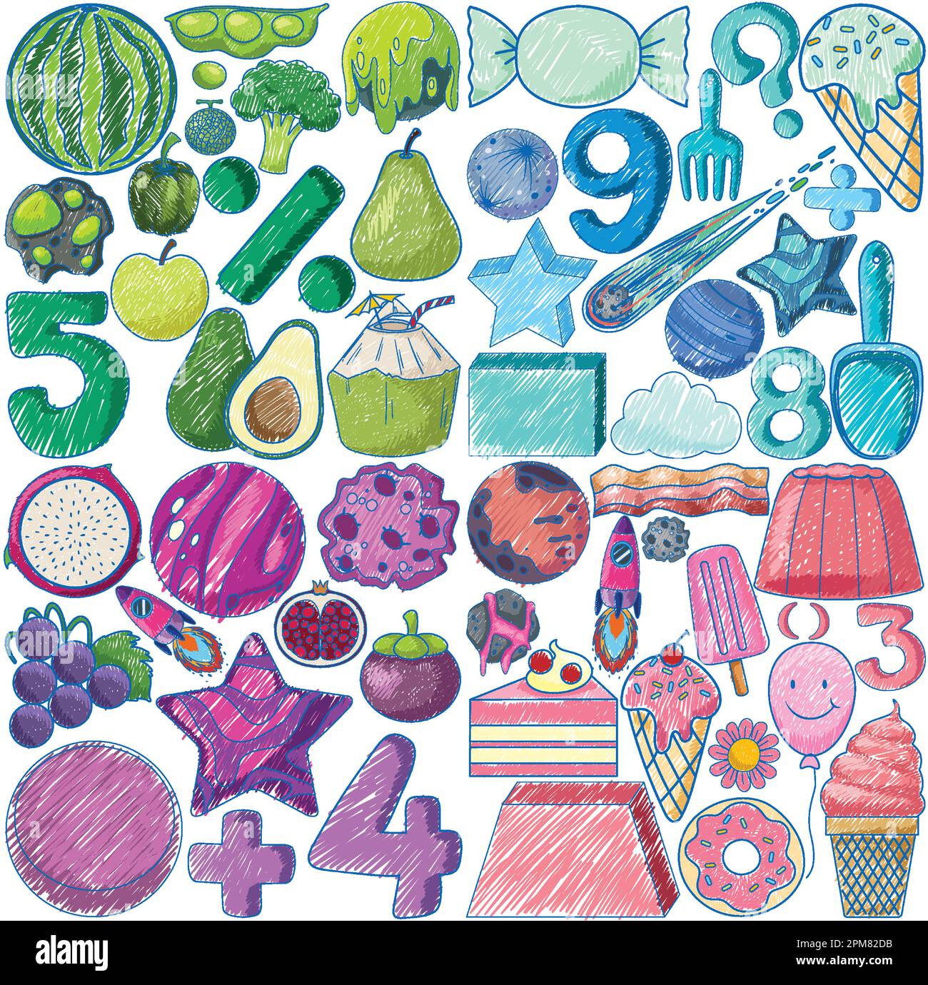 Set of Various Objects in Pencil Colour Sketch Simple Style ...