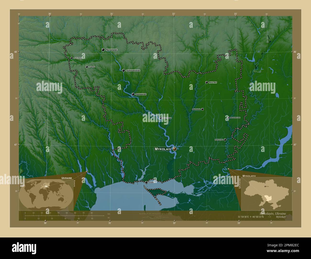 Mykolayiv, region of Ukraine. Colored elevation map with lakes and ...
