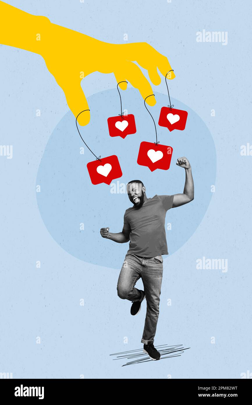 Vertical collage picture of delighted excited black white effect guy ...