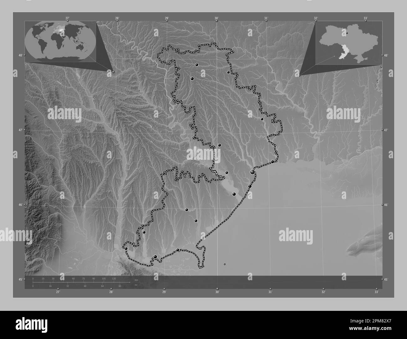 Odessa, region of Ukraine. Grayscale elevation map with lakes and ...