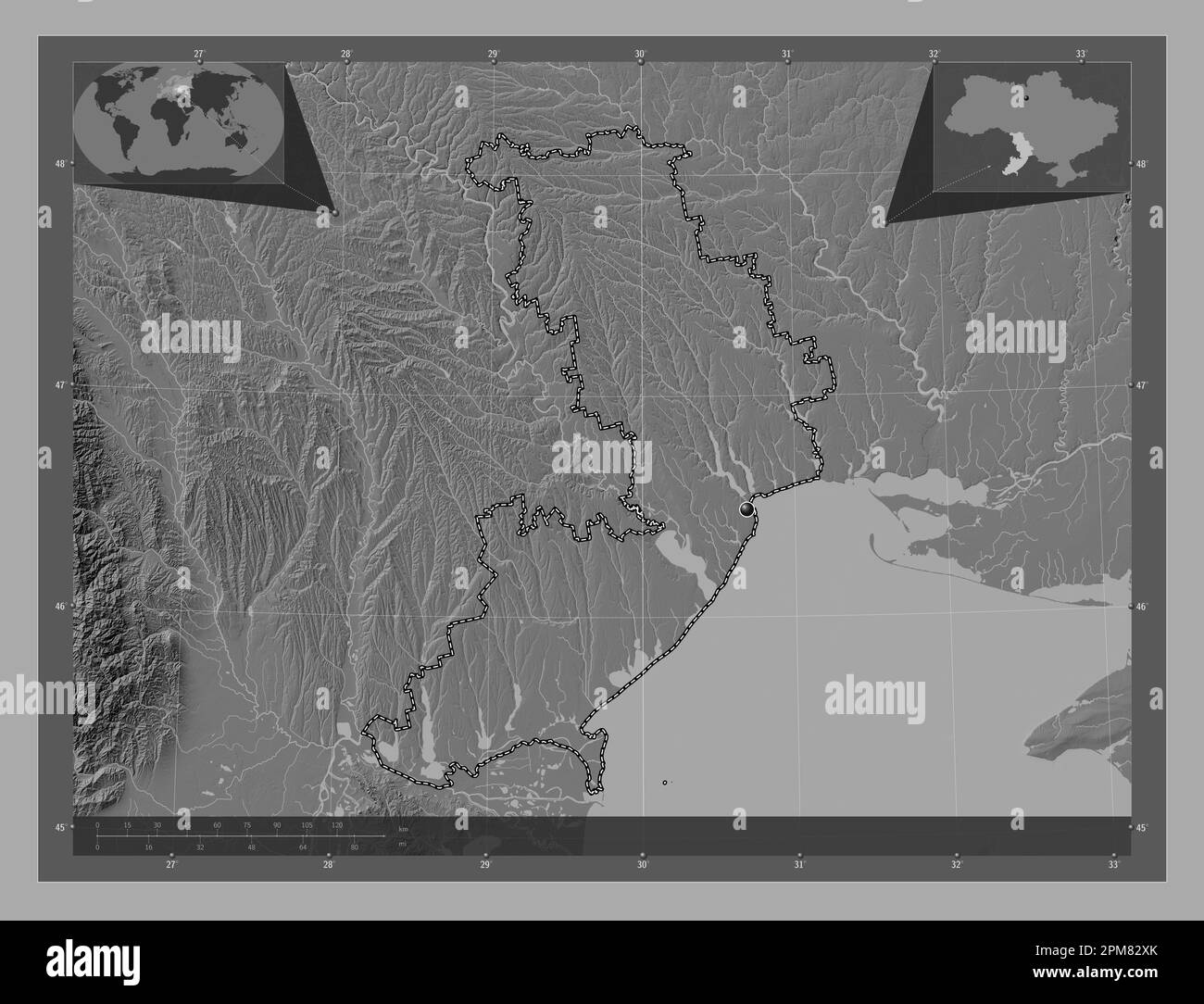 Odessa, region of Ukraine. Bilevel elevation map with lakes and rivers ...