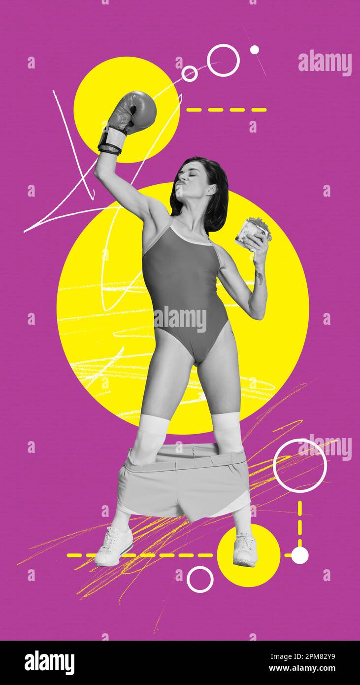 Contemporary art collage with beautiful sporty girl wearing boxer ...