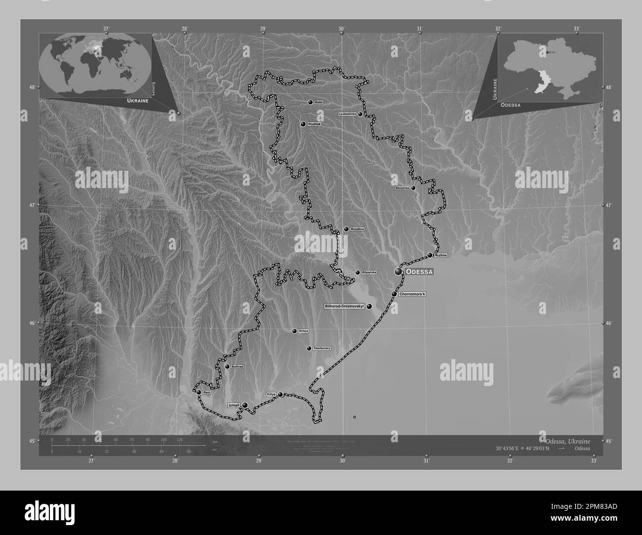 Odessa, region of Ukraine. Grayscale elevation map with lakes and ...
