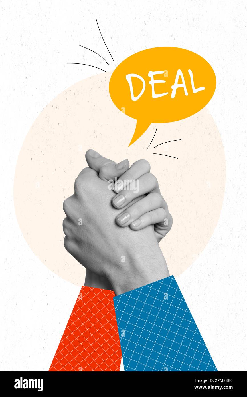Vertical collage image of two black white effect people arms handshake ...