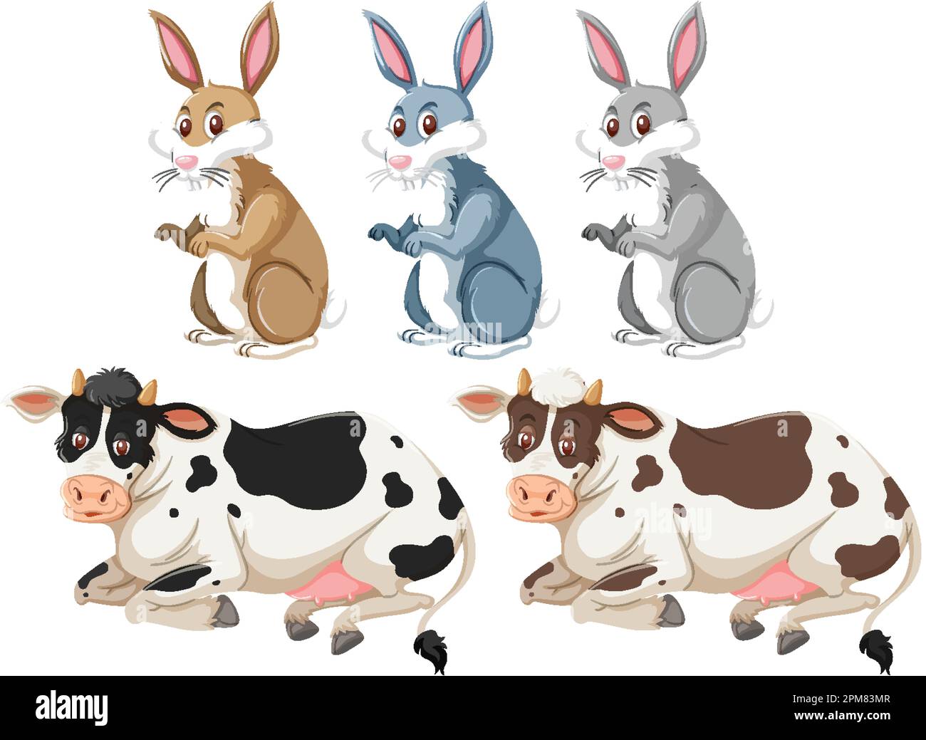 Set of rabbit and cow cartoon character illustration Stock Vector Image ...