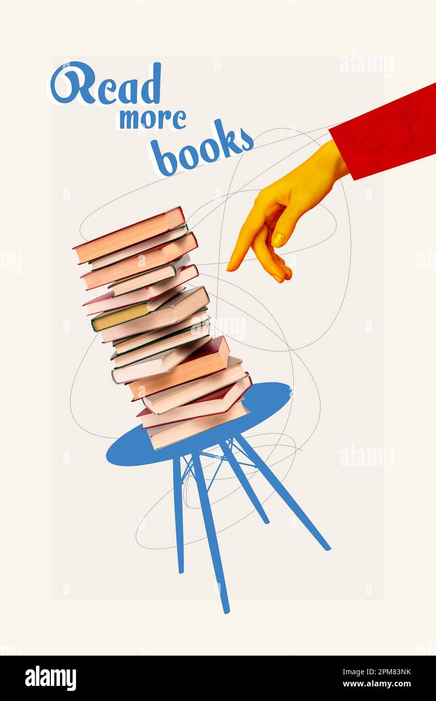 Vertical collage image of human arm reach table pile stack book read ...