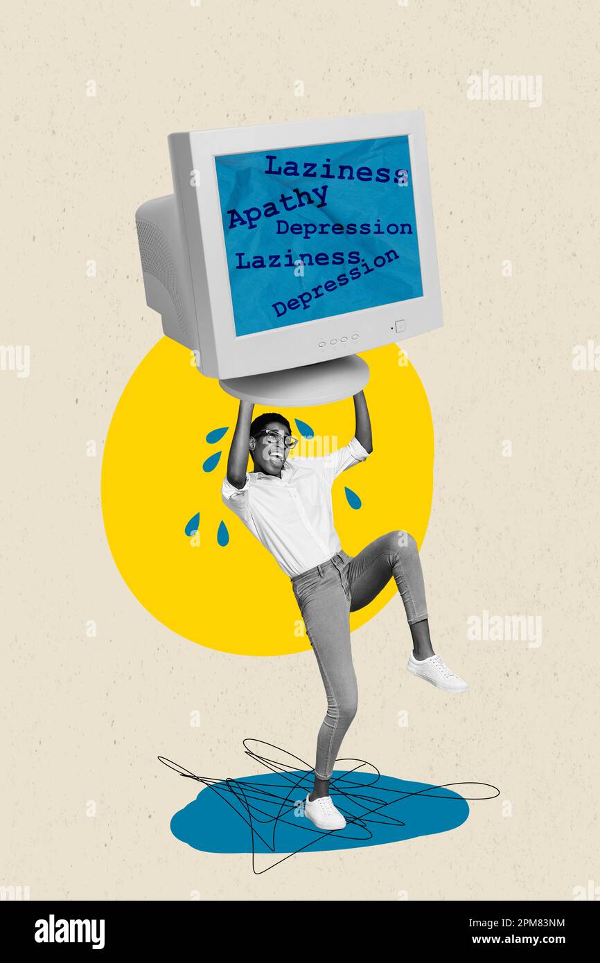 Vertical abstract collage of black white effect hardworking mini person ...