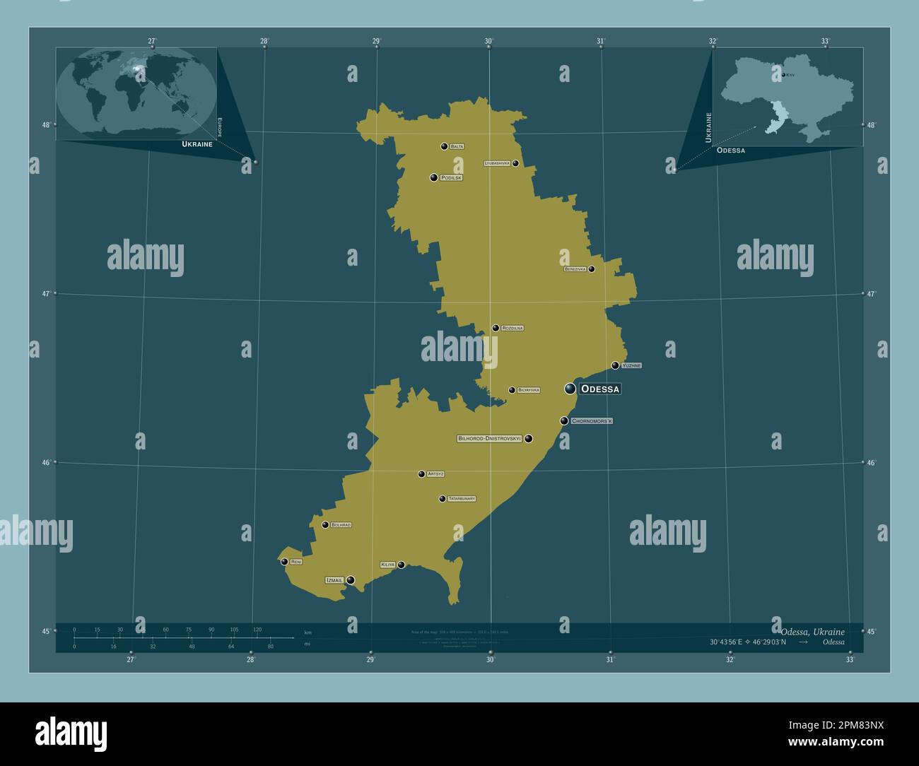 Odessa, region of Ukraine. Solid color shape. Locations and names of ...
