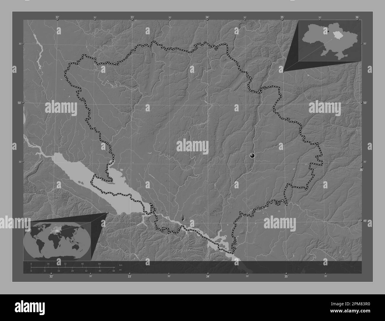 Poltava, region of Ukraine. Bilevel elevation map with lakes and rivers ...