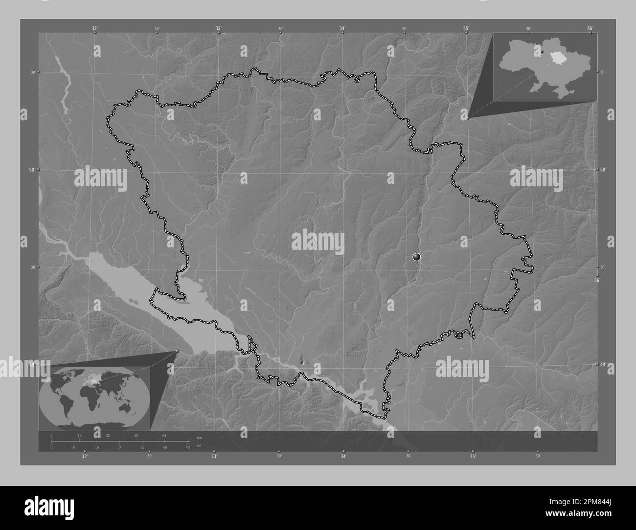 Poltava, region of Ukraine. Grayscale elevation map with lakes and ...