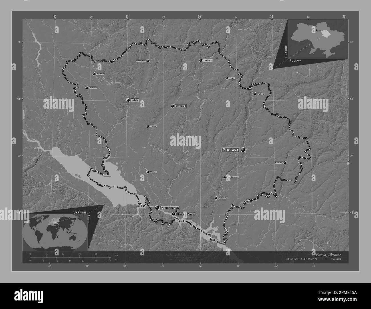 Poltava, region of Ukraine. Bilevel elevation map with lakes and rivers ...