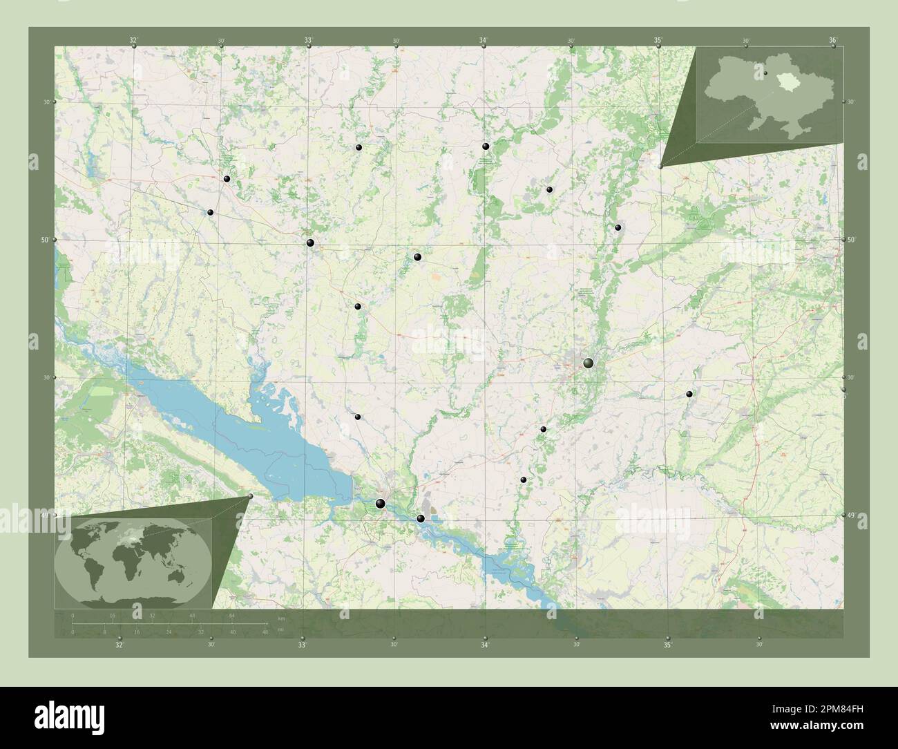 Poltava, region of Ukraine. Open Street Map. Locations of major cities ...