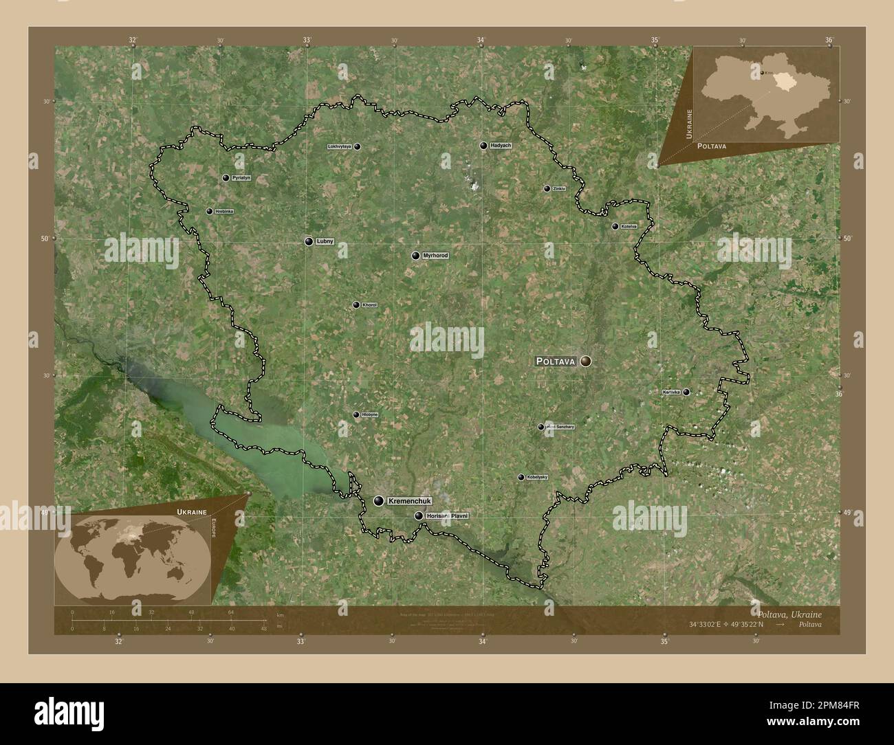 Poltava, region of Ukraine. Low resolution satellite map. Locations and ...