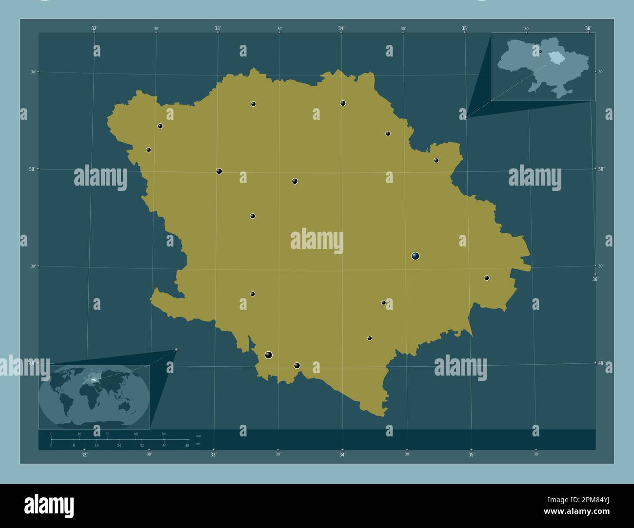 Poltava, region of Ukraine. Solid color shape. Locations of major ...