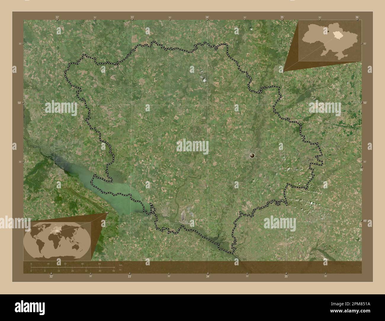 Poltava, region of Ukraine. Low resolution satellite map. Corner ...