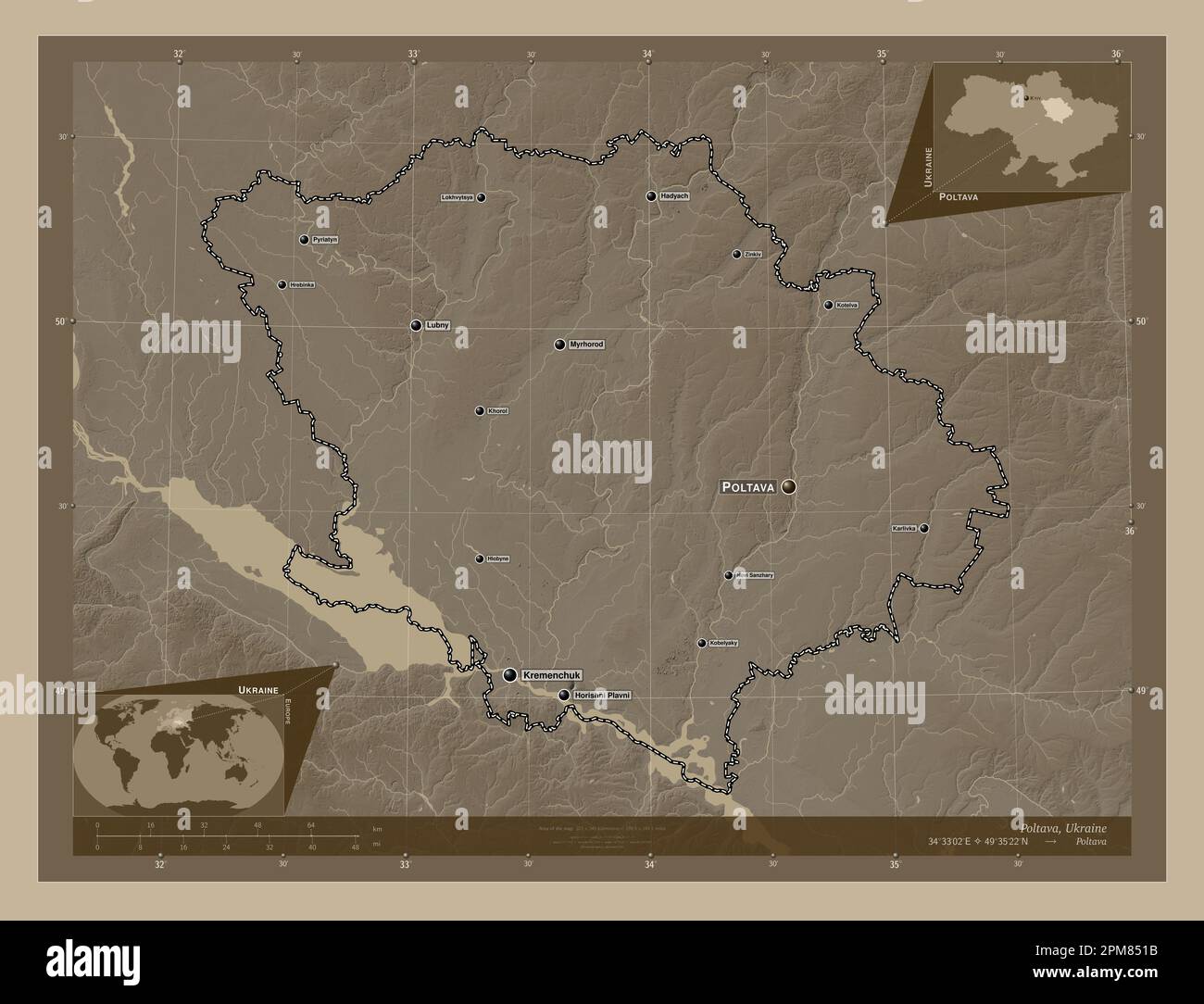 Poltava, region of Ukraine. Elevation map colored in sepia tones with ...