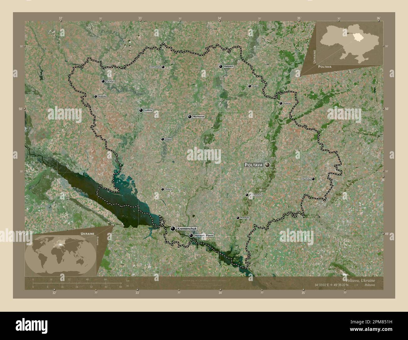 Poltava, region of Ukraine. High resolution satellite map. Locations ...