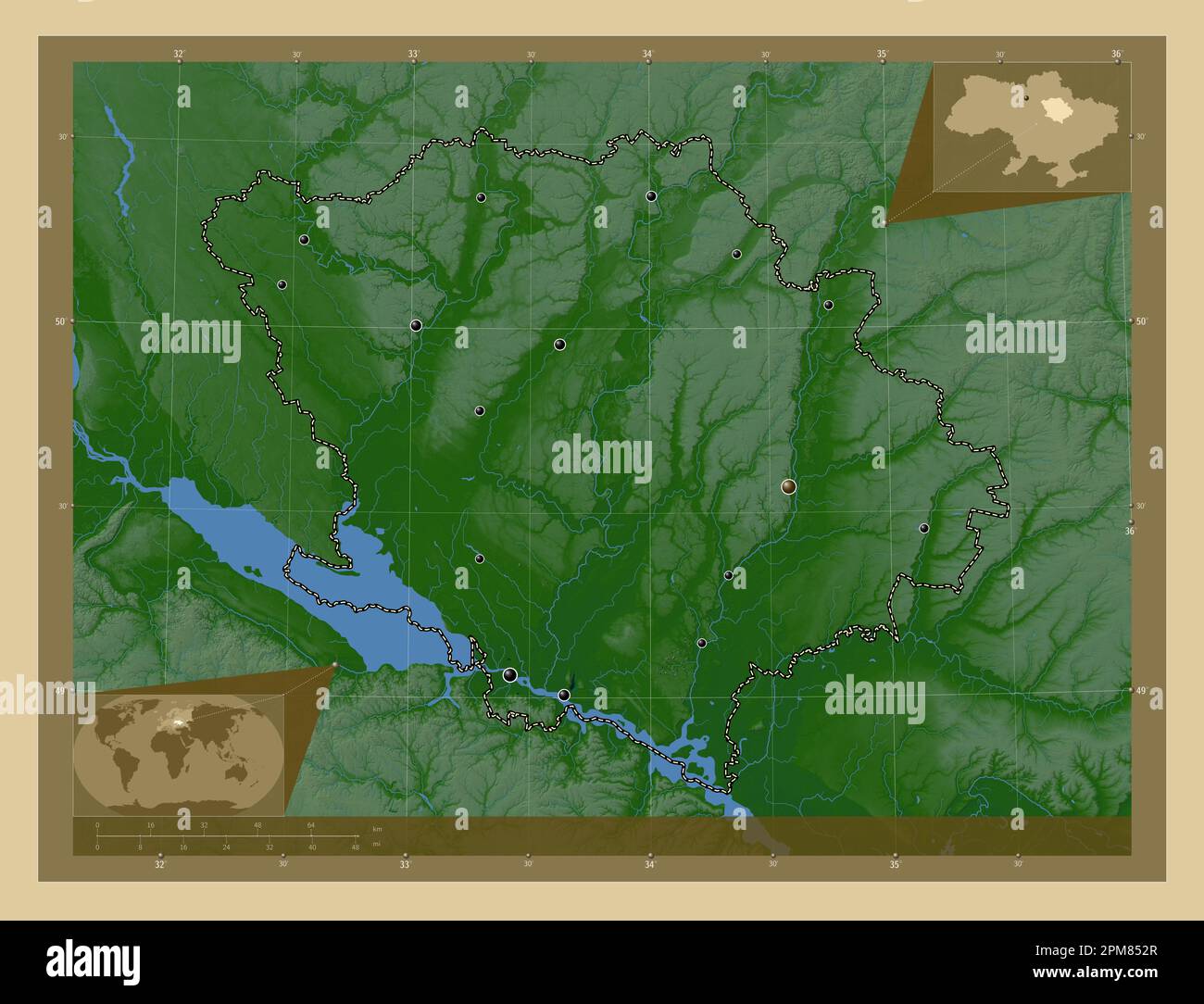 Poltava, region of Ukraine. Colored elevation map with lakes and rivers ...