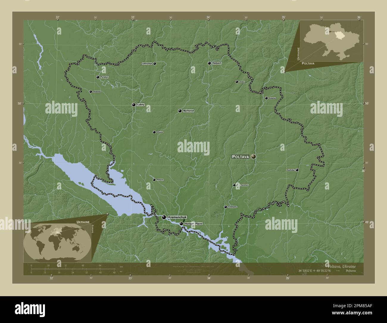 Poltava, region of Ukraine. Elevation map colored in wiki style with ...