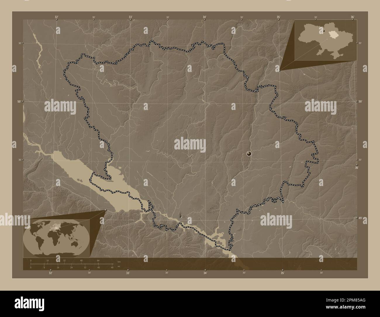 Poltava, region of Ukraine. Elevation map colored in sepia tones with ...