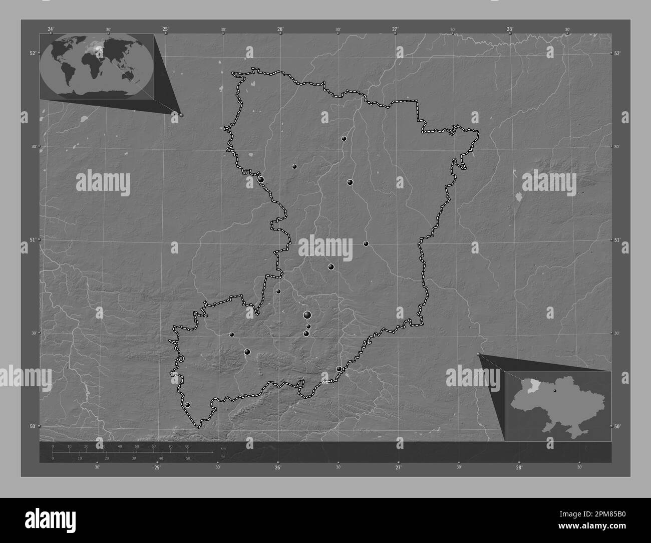 Rivne, region of Ukraine. Bilevel elevation map with lakes and rivers ...
