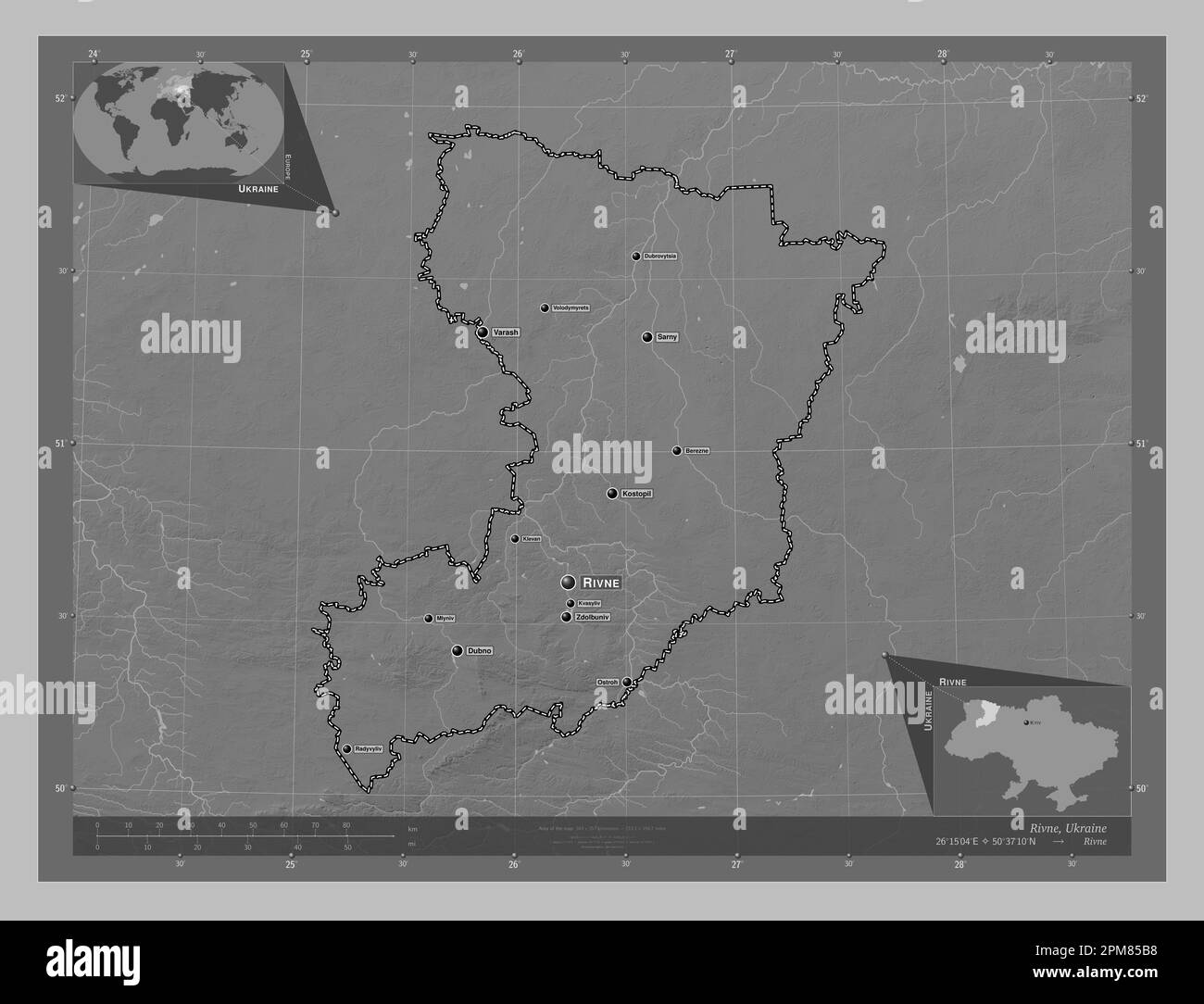 Rivne, region of Ukraine. Grayscale elevation map with lakes and rivers ...