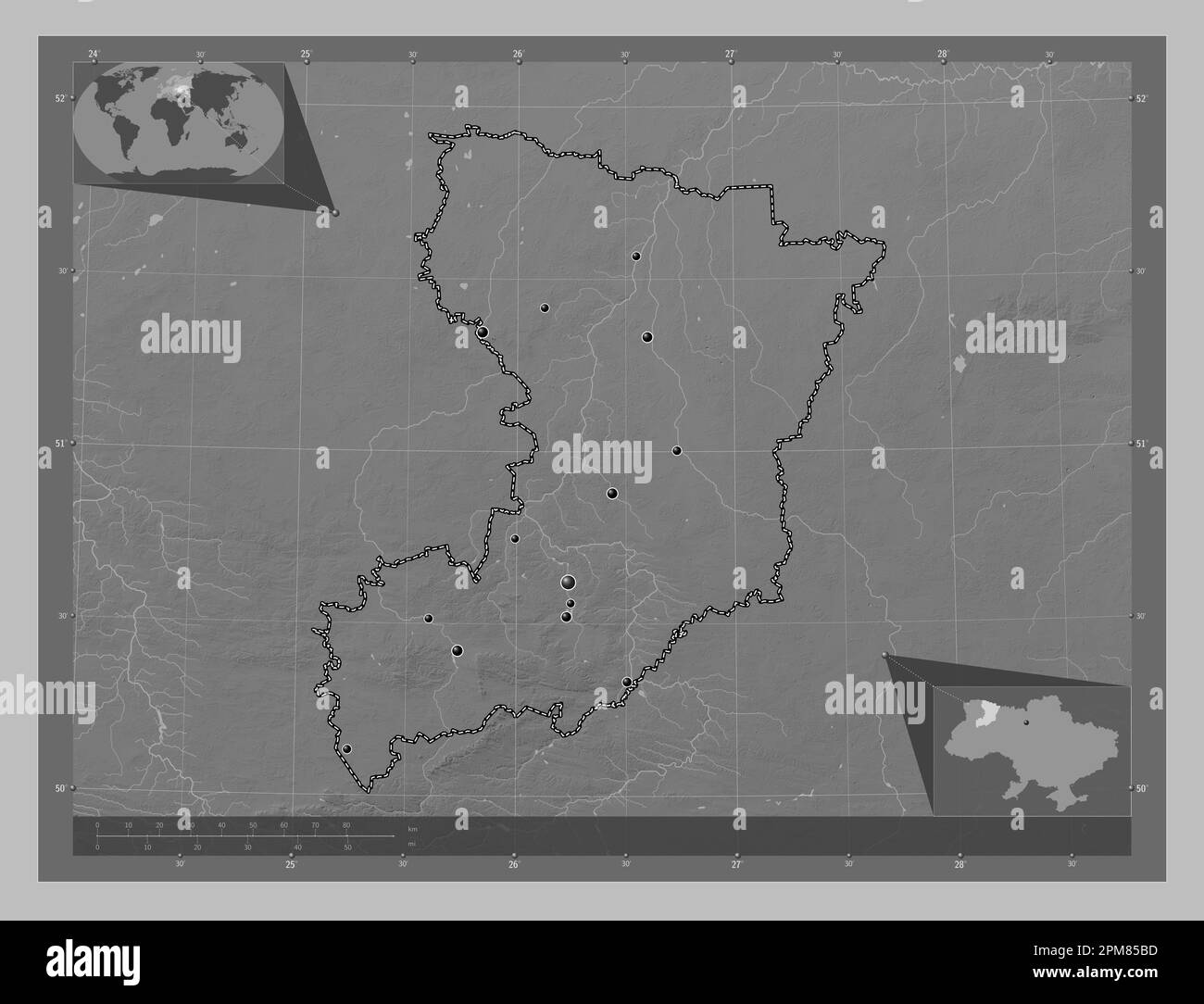 Rivne, region of Ukraine. Grayscale elevation map with lakes and rivers ...