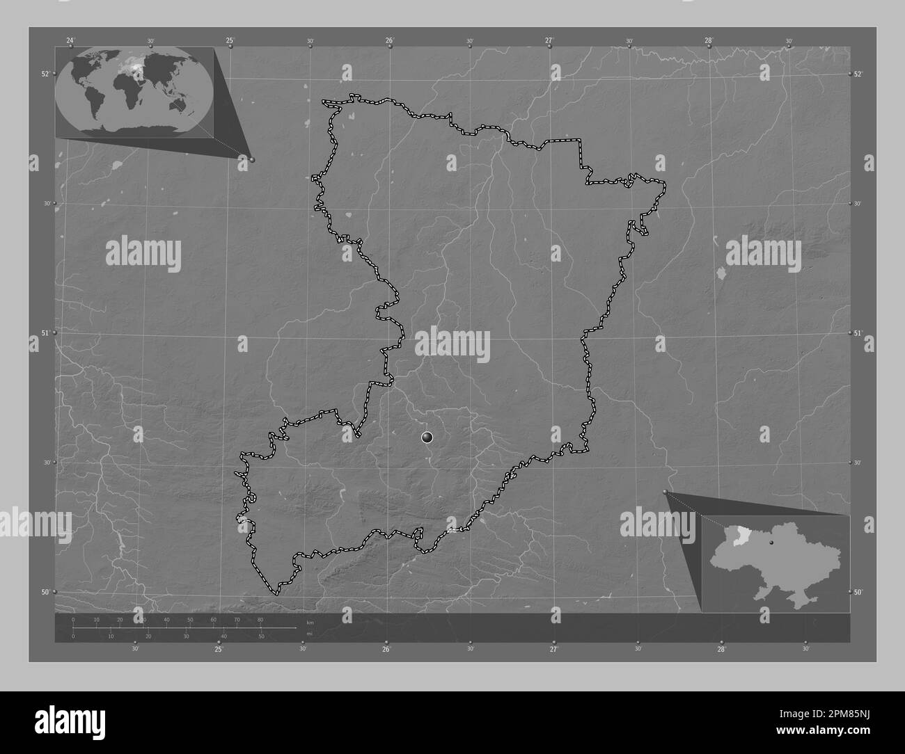 Rivne, region of Ukraine. Grayscale elevation map with lakes and rivers ...
