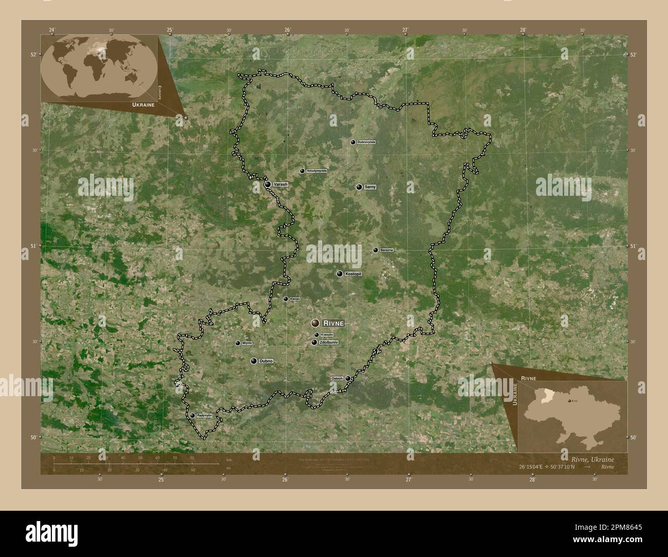 Rivne, region of Ukraine. Low resolution satellite map. Locations and ...
