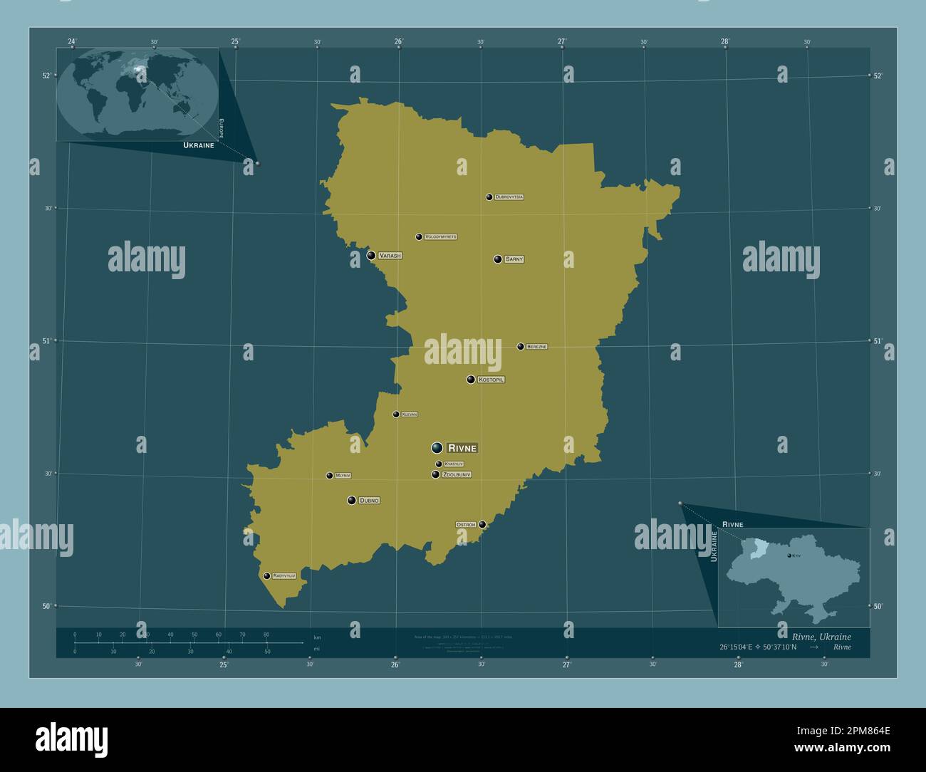 Rivne, region of Ukraine. Solid color shape. Locations and names of ...