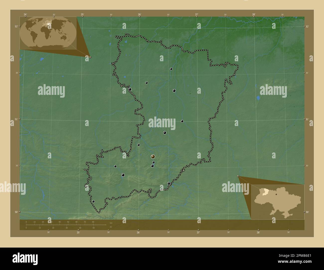 Rivne, region of Ukraine. Colored elevation map with lakes and rivers ...