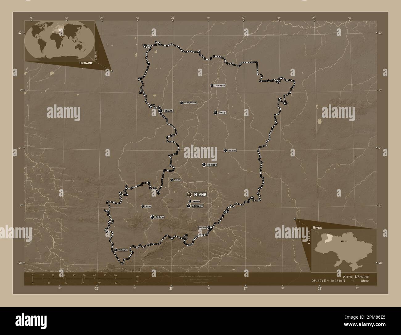Rivne, region of Ukraine. Elevation map colored in sepia tones with ...